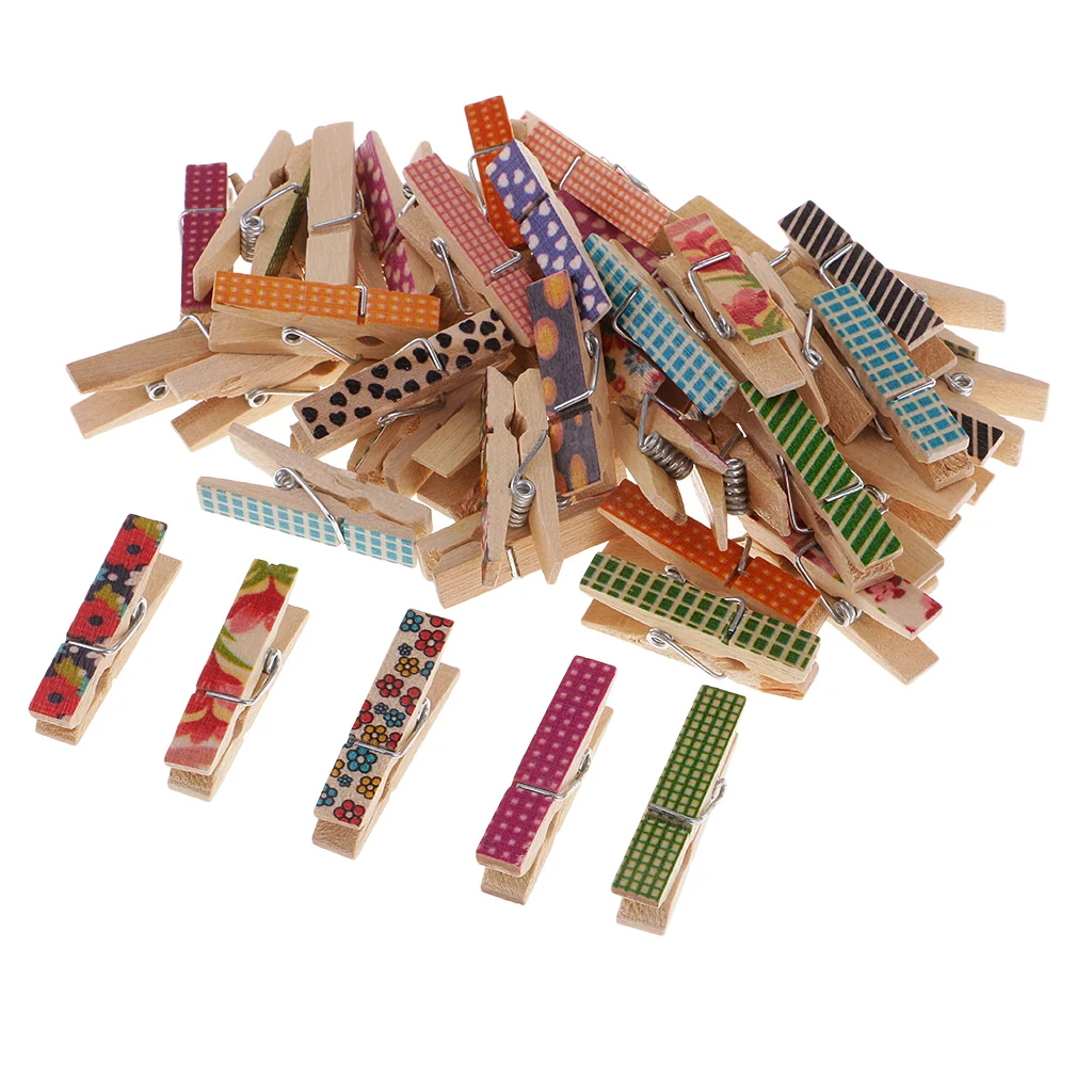 50pc Wedding Party Hanging Ornaments Clips Patterned Wooden Clips Mini ...