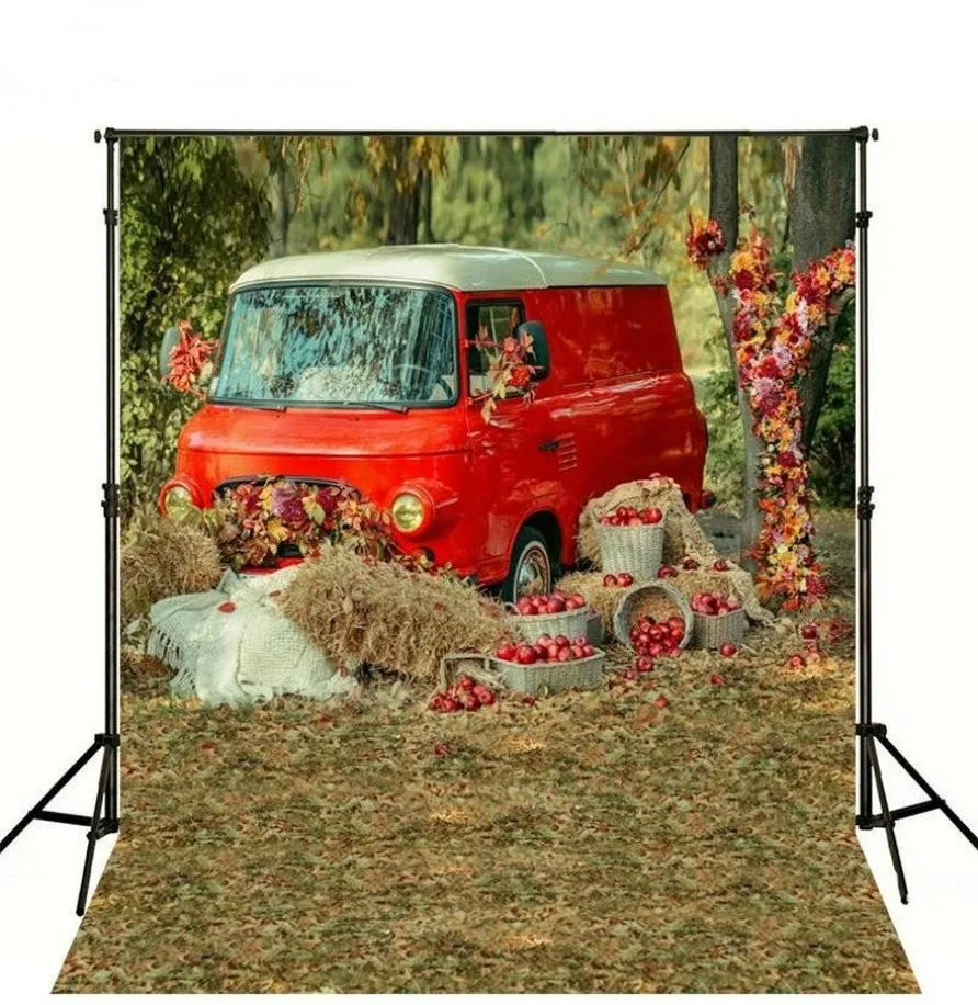Old Vintage Red Car Farm Scene Tree Background Vinyl cloth High quality ...