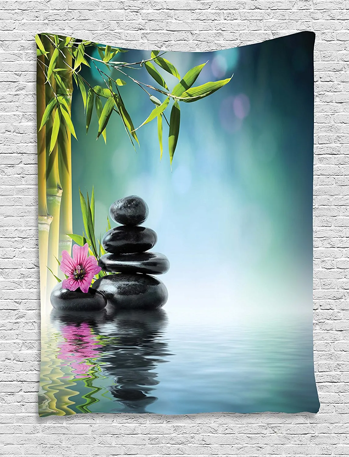 Zen Garden Tapestry, Pink Flower Spa Stones and Bamboo Tree on the ...