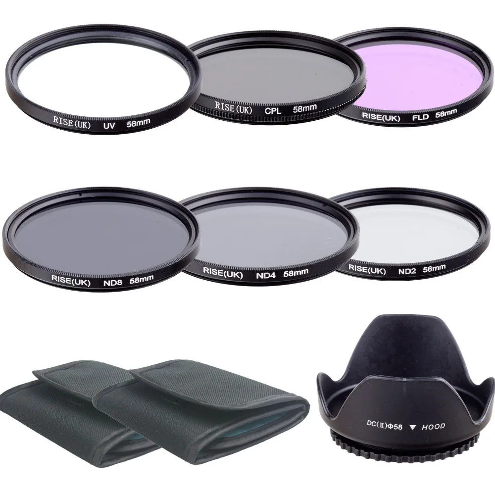 58mm Filter Kit UV CPL FLD ND 2 4 8 + haube für Sony Canon EOS 1100D ...