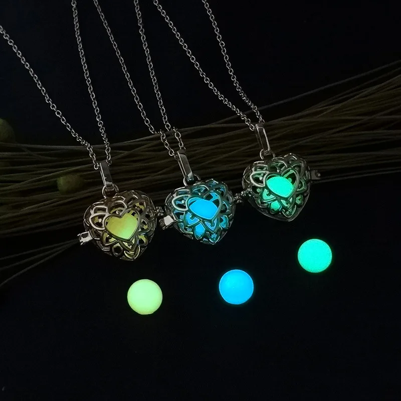 Hollow Out Heart Glow In The Dark Pendant Necklaces Luminous Stone ...