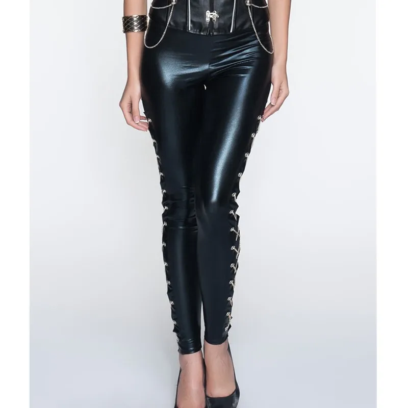 Wet Look Pvc Leather Coated Pant Leggings With Side Cross Criss Silver