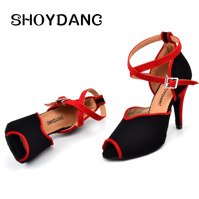 SHOYDANC Women Latin Dance Shoes Black Beige Velvet Ballroom Shoes ...