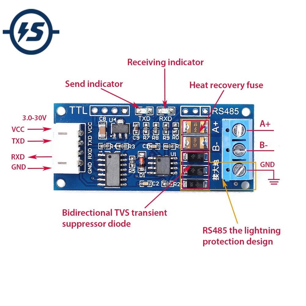Conversor de módulo usb ttl para rs485 para arduino, conversor avr 3.0v ~ 30v, alto emc emi 3.3v ...