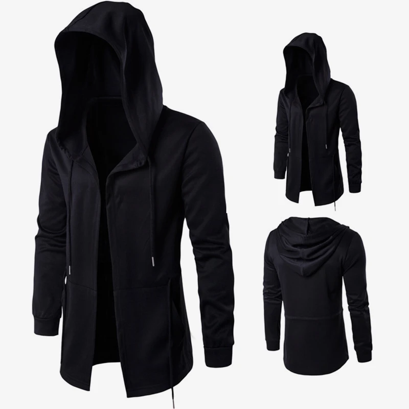 Hip Hop Hooded Mens Sweatshirt Long Sleeve Solid Black Hoodies Jacket