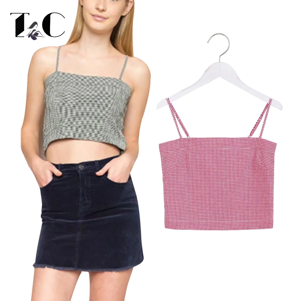 TC Gray Pink Plaid Camisole 2017 Summer Women Crop Tops Spaghetti Strap ...
