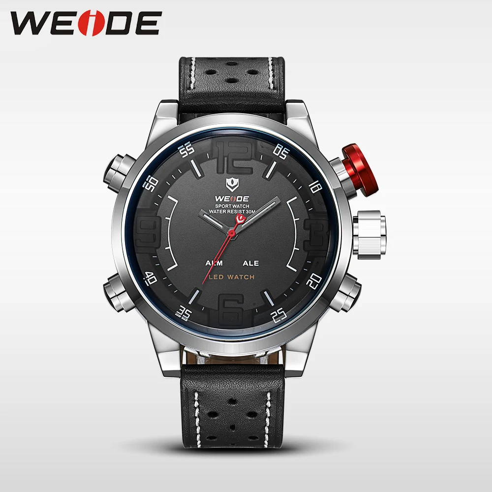WEIDE Watch Men Sport Water Resist Black Leather Strap Over size LED ...