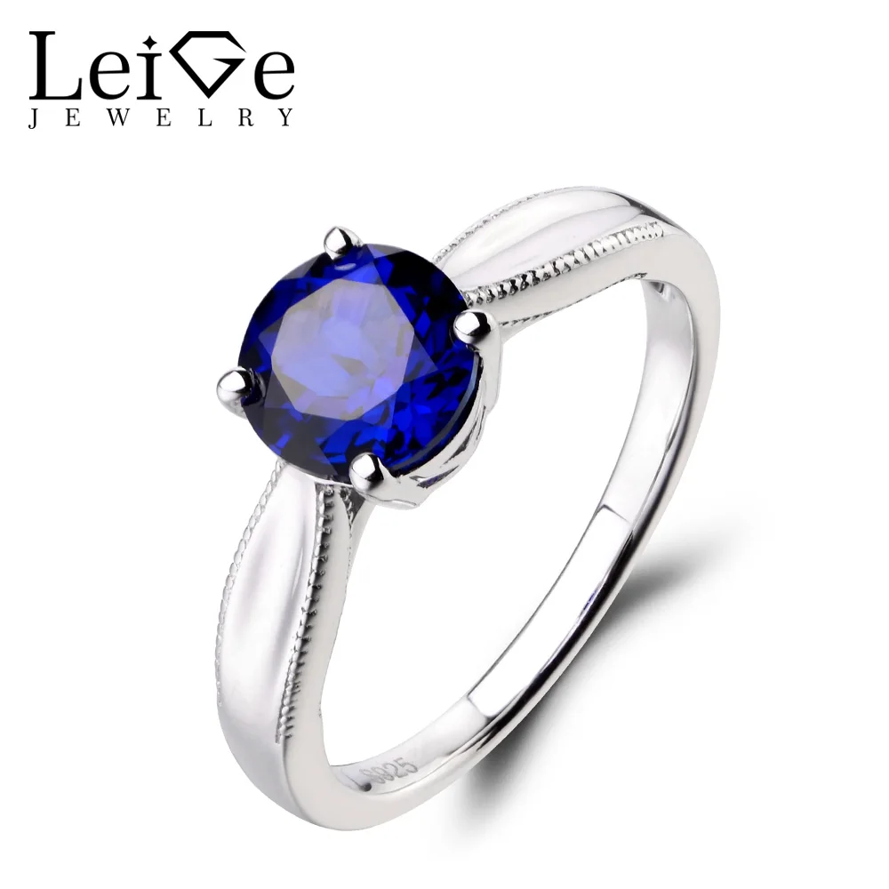 Leige Jewelry Anniversary Ring Lab Blue Sapphire Ring Round Cut Fine ...