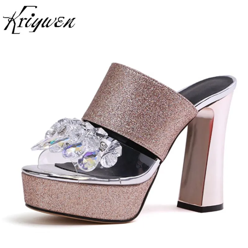 Kriywen Women Crystal Party Slippers Woman Wedding Shoes Platform Sexy