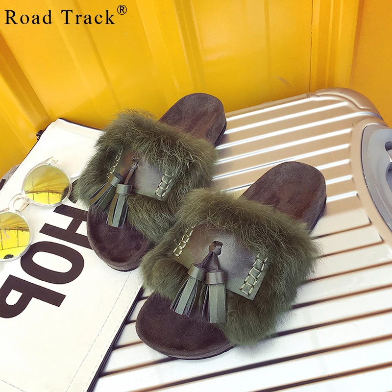 Road Track Autumn Solid Faux Fur PU Leather Tassel Female Trendy Flat ...