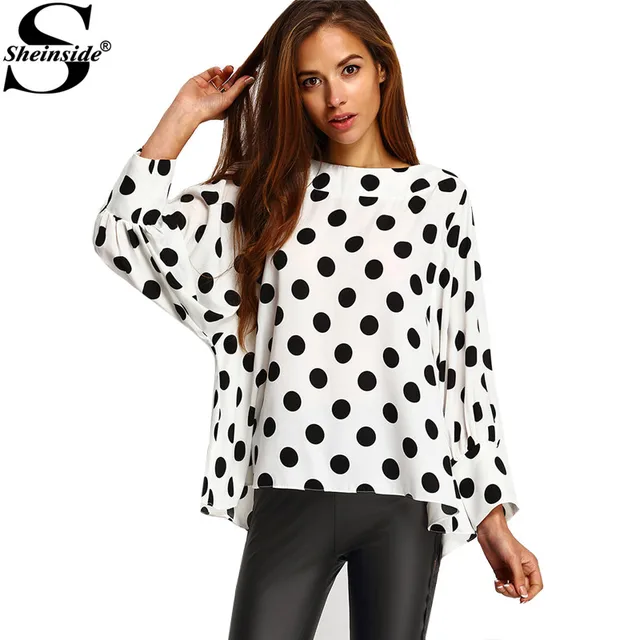 Sheinside Black Polka Dots Blouses Office Ladies Batwing Long Sleeve