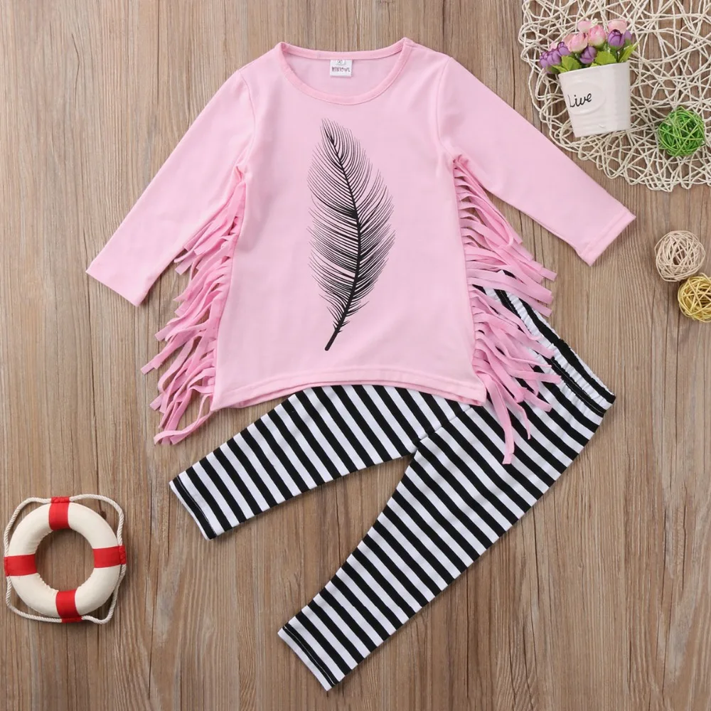 Tassel Girl Top T-shirts Long Sleeve Striped Pants Kids Baby Girls Clothes Sets Cotton Cute ...