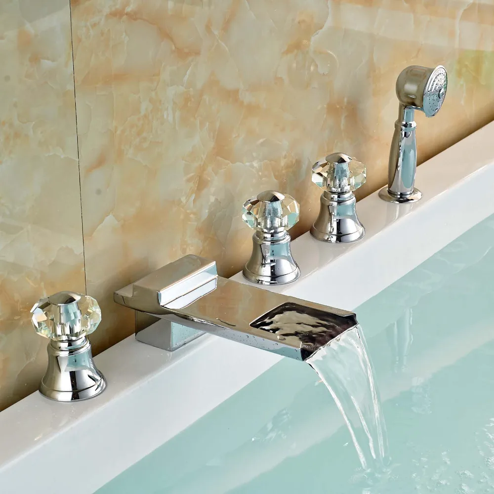 Luxury Widespread Waterfall Bath Tub Faucet Taps Deck Mount Roman Tub