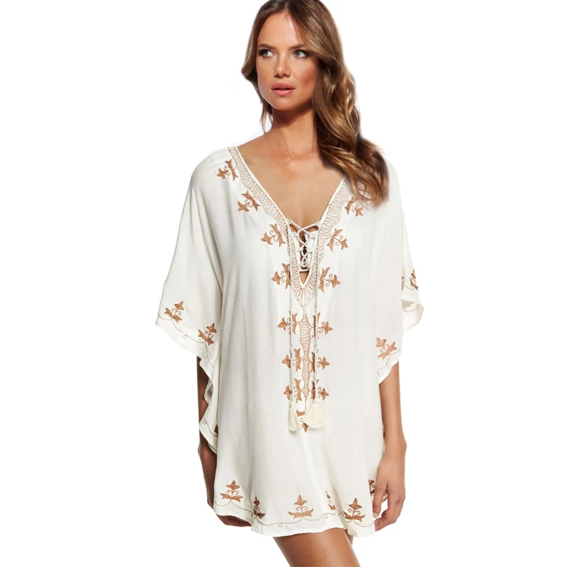 Tooou White Embroidery Bikini Beach Cover Up Womens Tunic Sexy Bathing