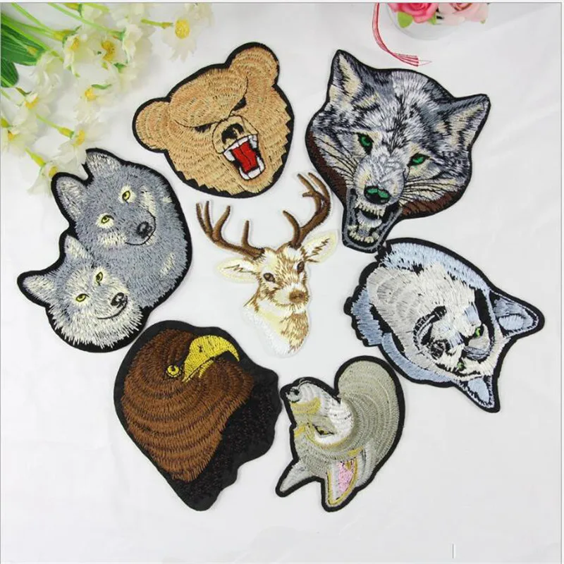 10pcs Embroidery big animal patch Wolves, bears, deer heads Patches For ...