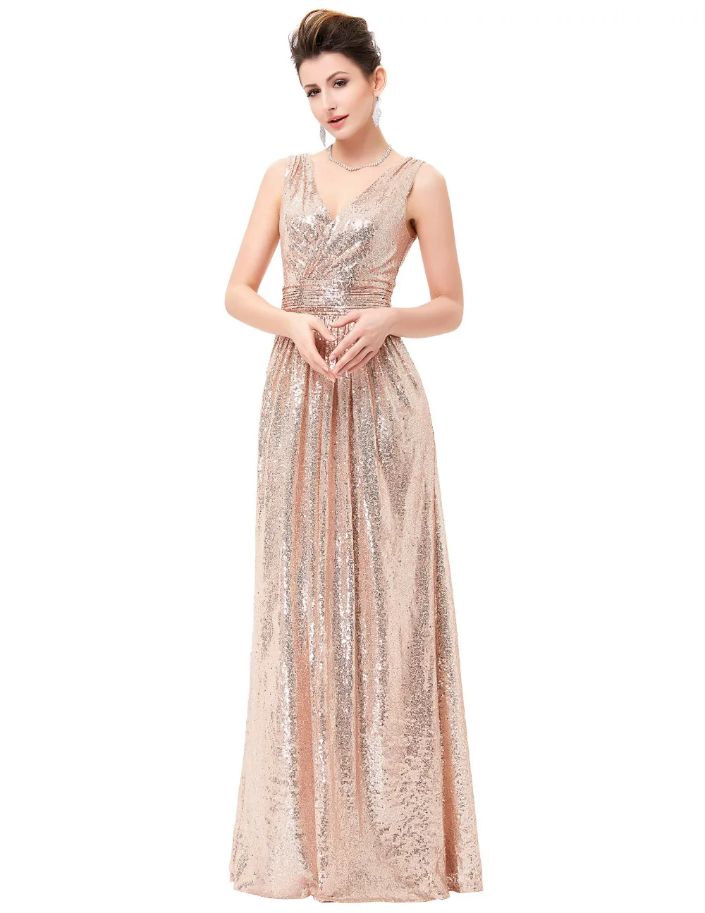 Luxury Long Sequin Sleeveless Double V Neck Evening Dress My Wedding