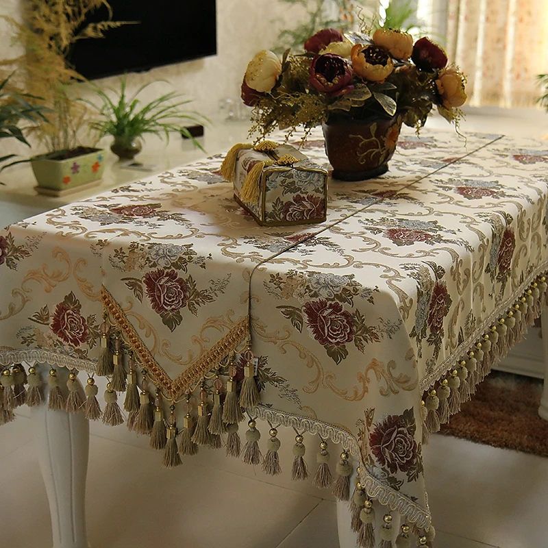 Vintage Florals European Style Imitated Silk Fabric Lace Tablecloth Set Vintage Florals European Style Imitated Silk Fabric Lace Tablecloth Set