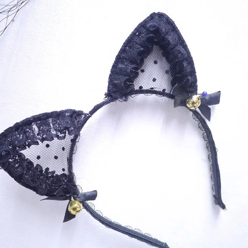 Black Lace Cat Ears Headband Bell Pup Party Costume Fancy Dress Ee In