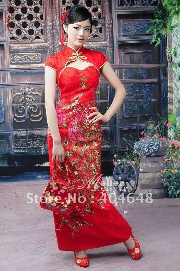 Chinese Style Cheongsam Gold Threads Embroider The Phoenix Wedding Gown ...