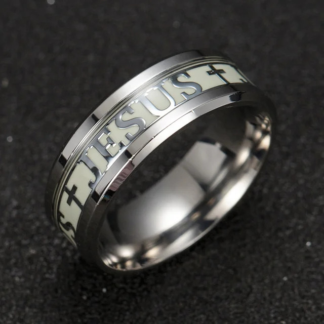 Luminous JESUS Cross Christ Ring Titanium Steel Glowing In The Dark ...
