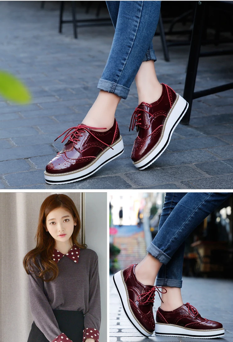 Women Platform Oxfords Brogue Flats Shoes Leather Lace Up Pointed Toe ...