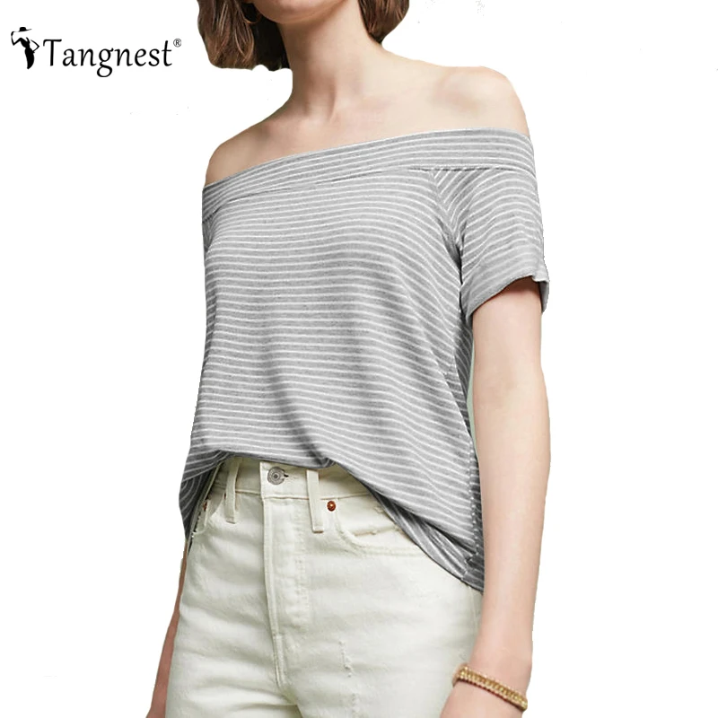 Tangnest Women Sexy Slash Neck Tops 2017 Summer European Brief Striped