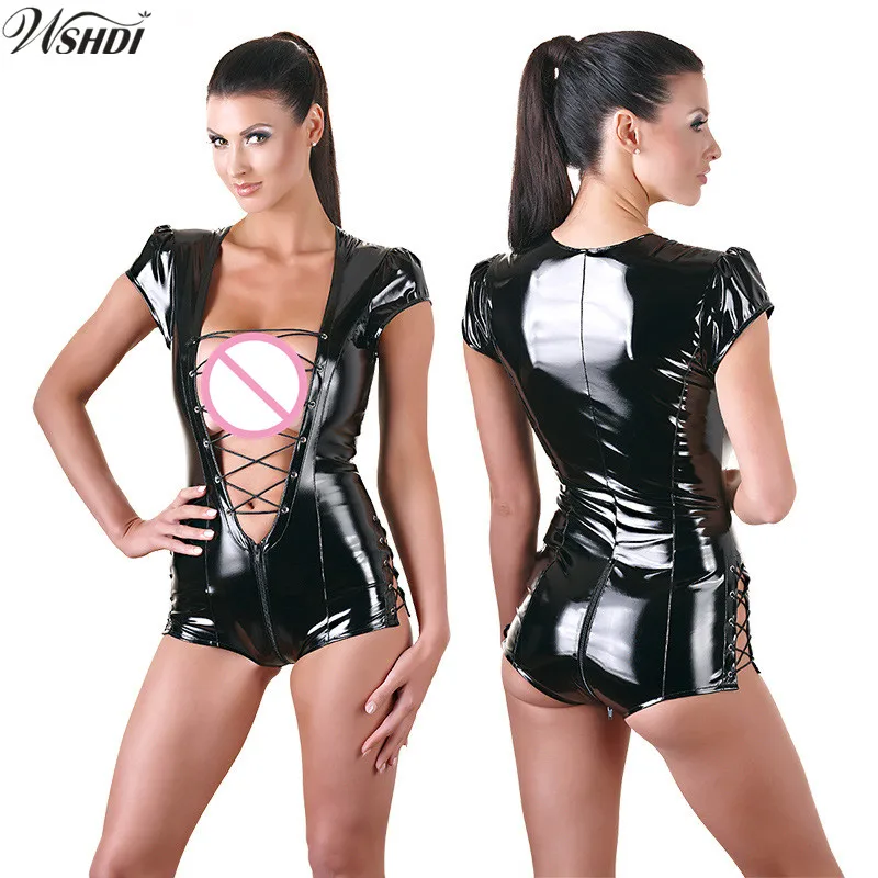 Sexy Black Bondage Faux Leather Bodysuit Sexy Hollow Out Pu Leather