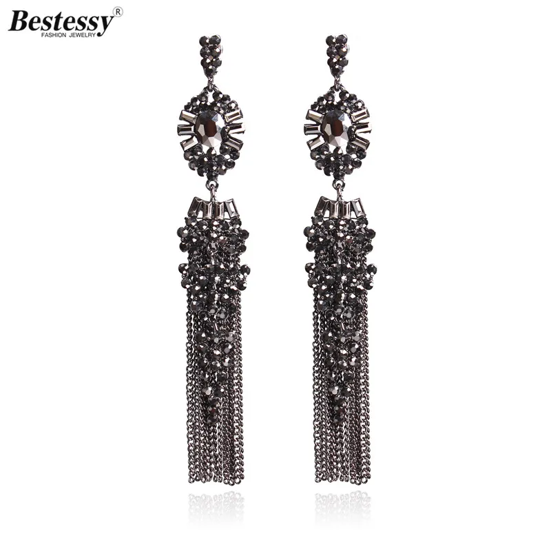 Bestessy Fashion Black Full Rhinestone Vintage Metal Tassel Earrings