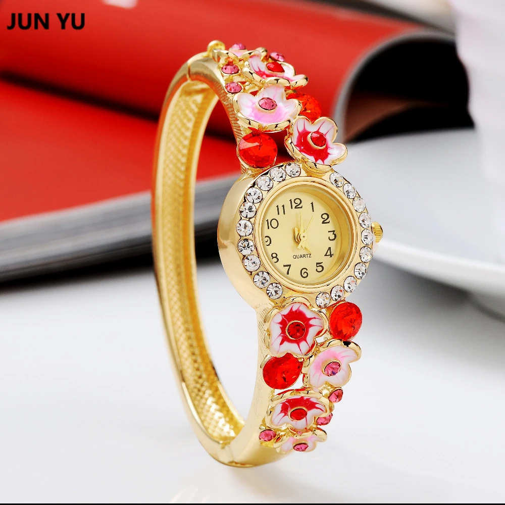 Clock JUNYU newest Enamel flower Watch Women Wristwatch 18K Gold Plated ...