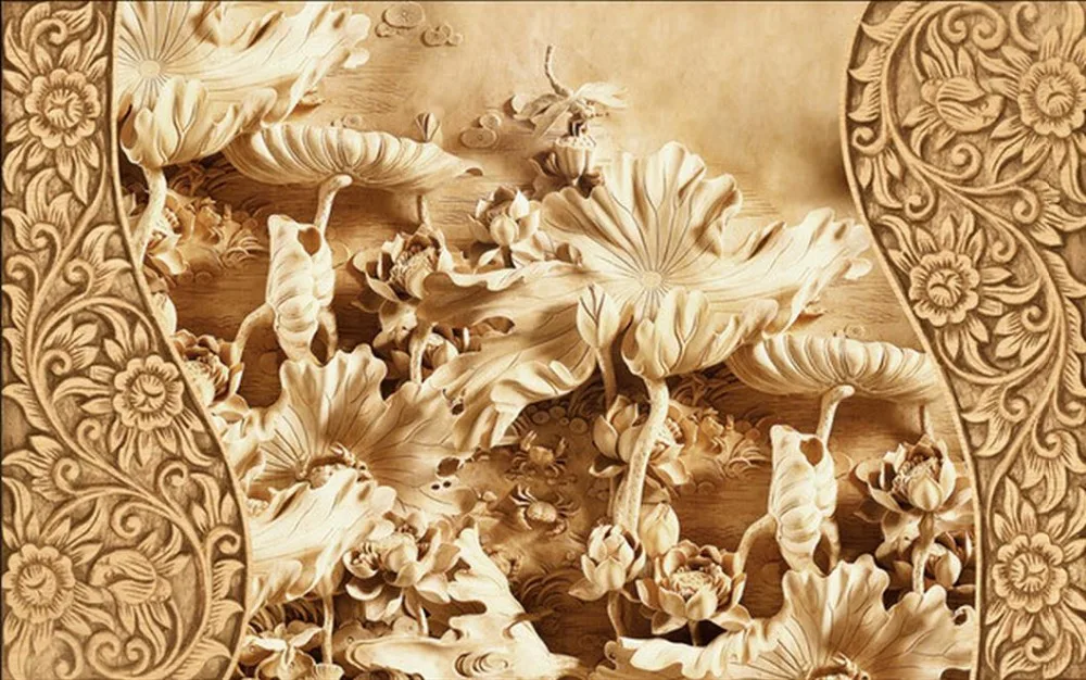 3D mural wallpaper Lotus leaf carvings relief TV backdrop 3d ...