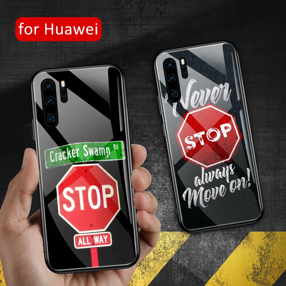 Para funda de huawei p20 lite Glass back p30 funda de señal de parada estampada para huawei P9 ...