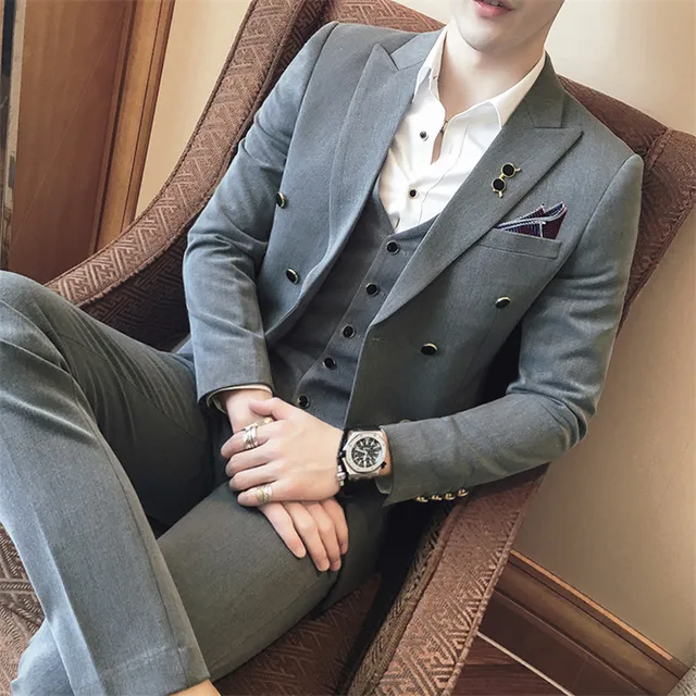 3pc Suit Men Korean Slim Fit Double Breasted Groom Wedding Men Suits ...