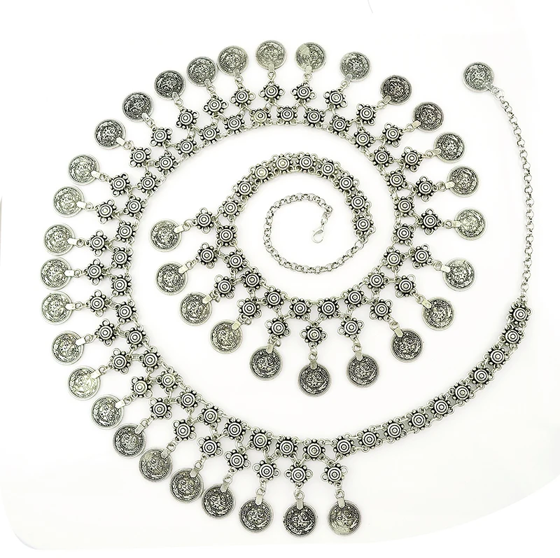 Vintage Gypsy Metal Dangle Waist Belt Chain Carved Coin Pendant Long ...