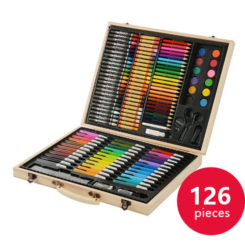 126 Piecs Art Set Drawing Painting Set with Wooden Case For Children ...