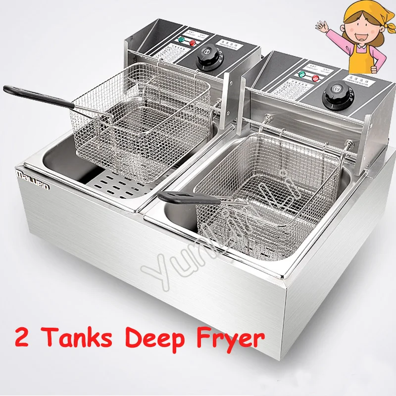 2 Tanks Deep Fryer with Baskets Electric Fryer Frying Furnace Stainless ...