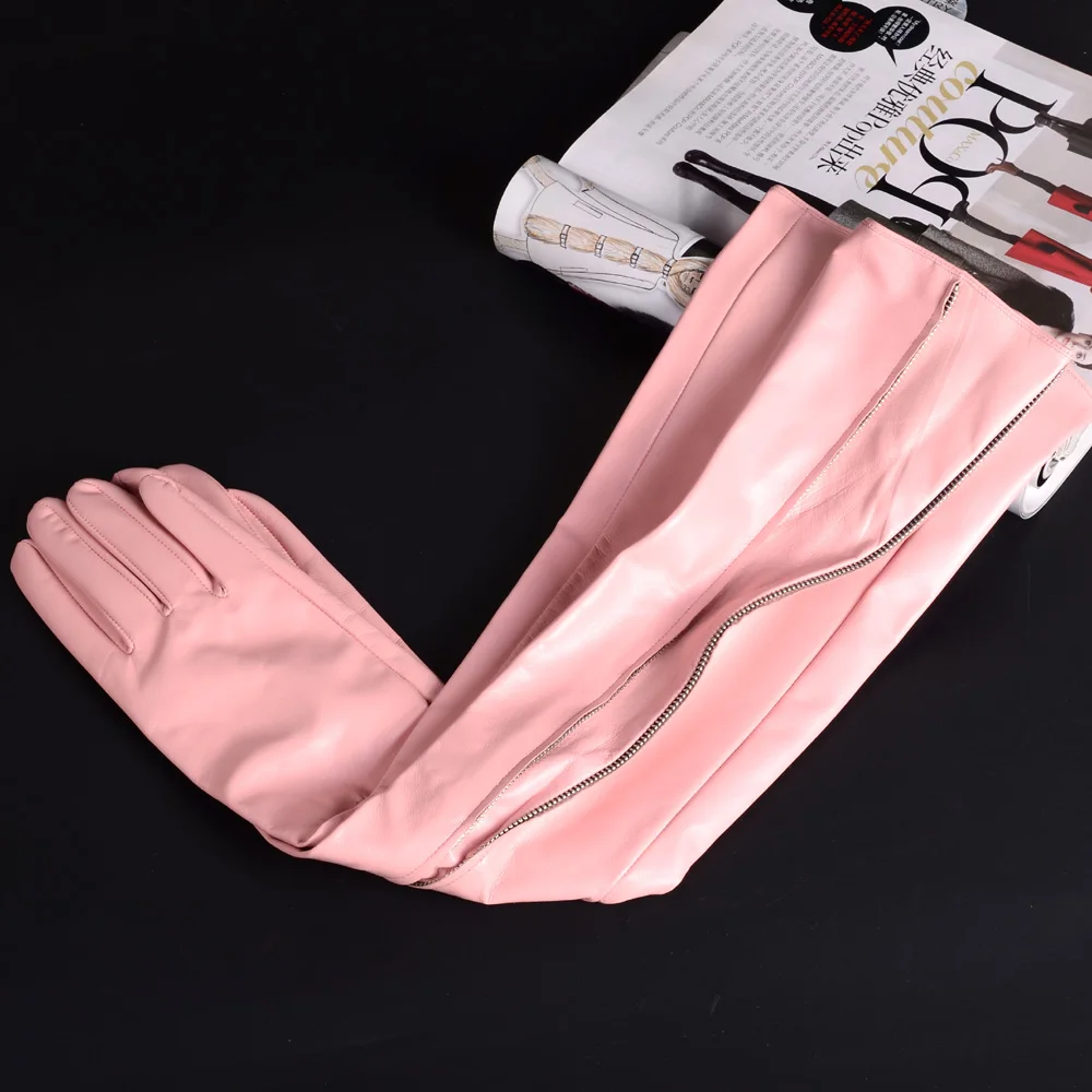 Trudy Zipper Long Arm Leather Gloves – Pink – Pritzy