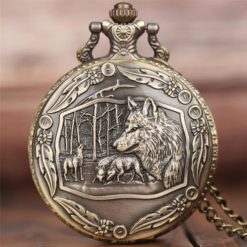 Vintage Bronze Wolf Pocket Watch Mens Copper Wolves Skeleton Pendant ...