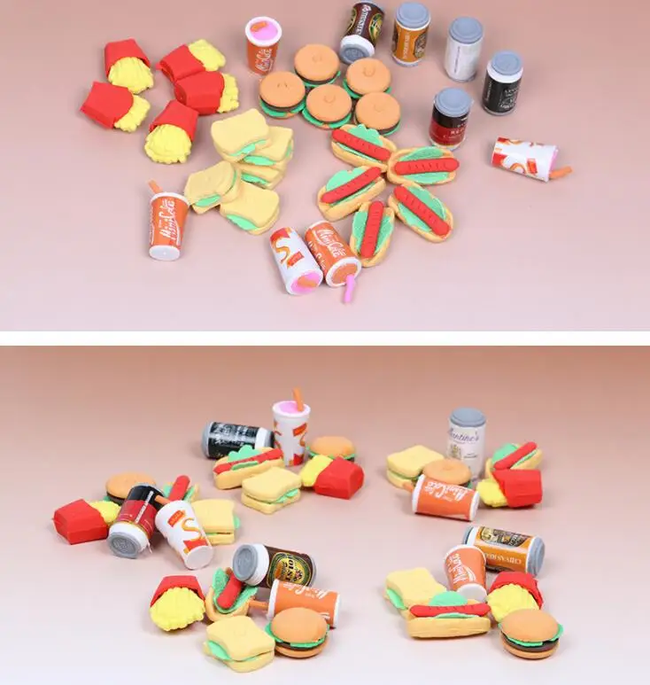 6 Pcs/Set Cute Kawaii Eraser Hamburger Food French Fries Hot Dog Eraser ...