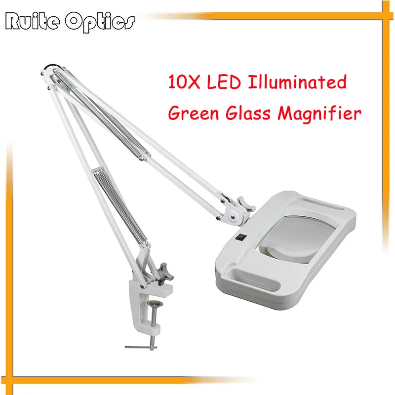 220V 10X Desk Clip-on LED Illuminated Green Optical Big Magnifying ...