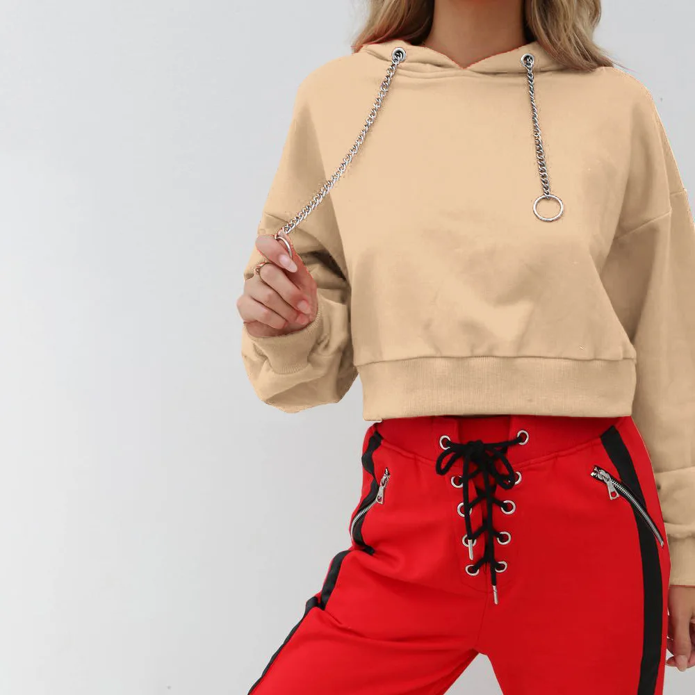 Casual Crop Top Hoodies Streetwear Solid Loose Crop Long Sleeve O Neck ...