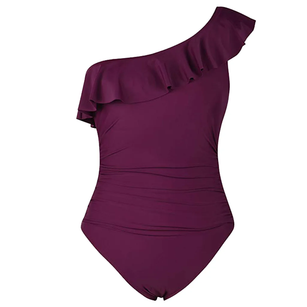 Women One Piece Off Shoulder Swimwear Asymmetric Ruffles Monokini
