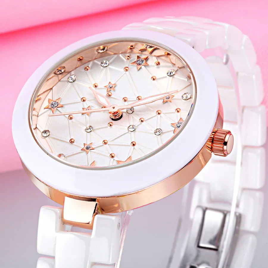 Crystal stars design ladies fashion full white ceramic quartz wrist ...