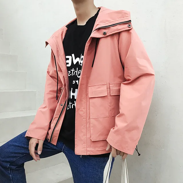 Hooded Cargo Pink Jacket Men Autumn Hip Hop Fashion Streetwear Casual ...