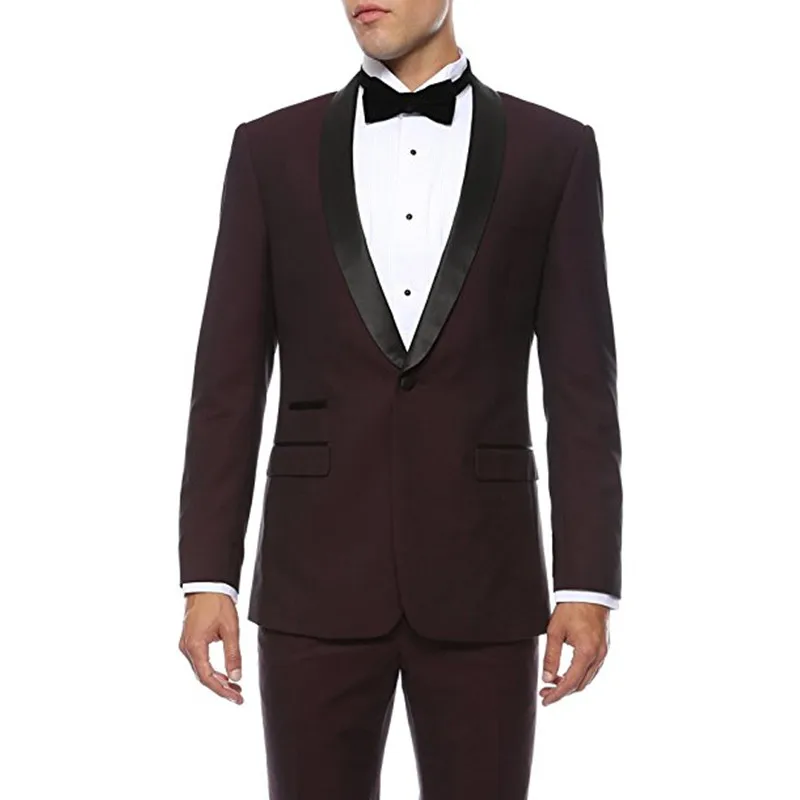 Custom Made Wine Red Suits Black Lapel One Button 2 piece Slim Fit Men ...