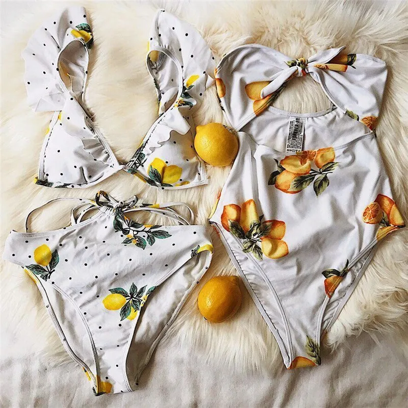 Lemon Print Swimwear Women 2018 Off Shoulder One Piece Suits Sexy