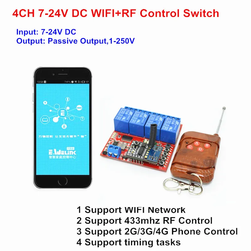 New 9V 12V 24V DC 4CH Switch wifi Relay Timer interruptor, RF 433mhz ...