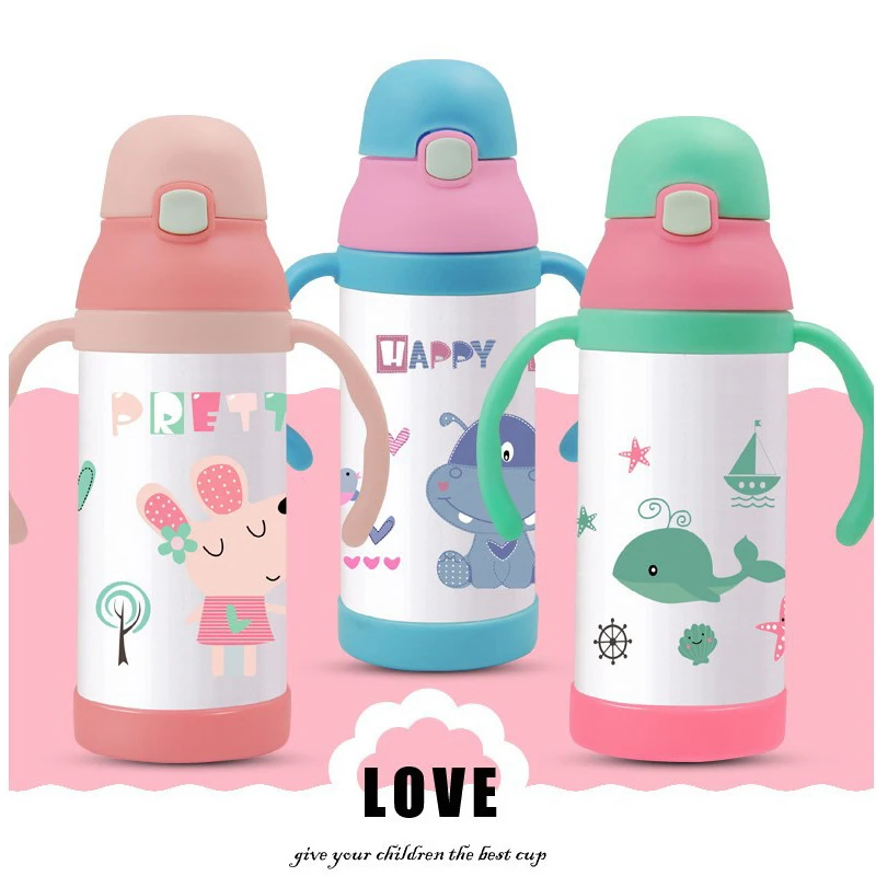 BearKnight 350ml Cute Kids Vacuum Flasks With Silicone Straw Stainless Steel Children Thermos ...
