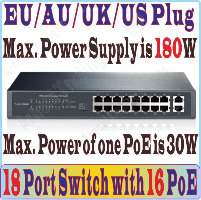 Max. PoE 180W 16 ports POE Switch with 16 POE ports power to ip camera ...