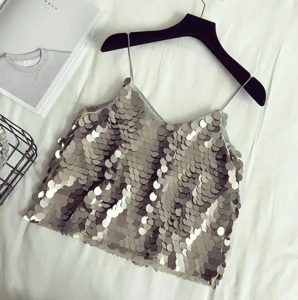 Модная женская майка с блестками новинка летняя сексуальная майка с V образным вырезом на
