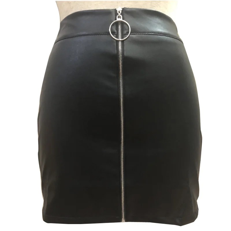 High Waist Pu Leather Skirt 2018 Women Slim Front Ring Zipper Pencil